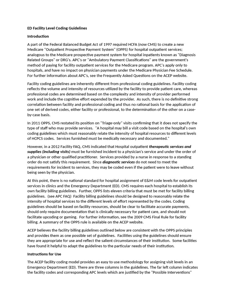 ED Facility Level Coding Guidelines | PDF | Intensive Care Medicine | Emergency Department