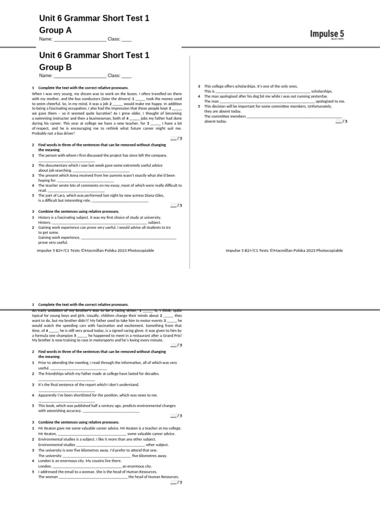 Unit 6 Grammar Short Test 1 A+B | PDF
