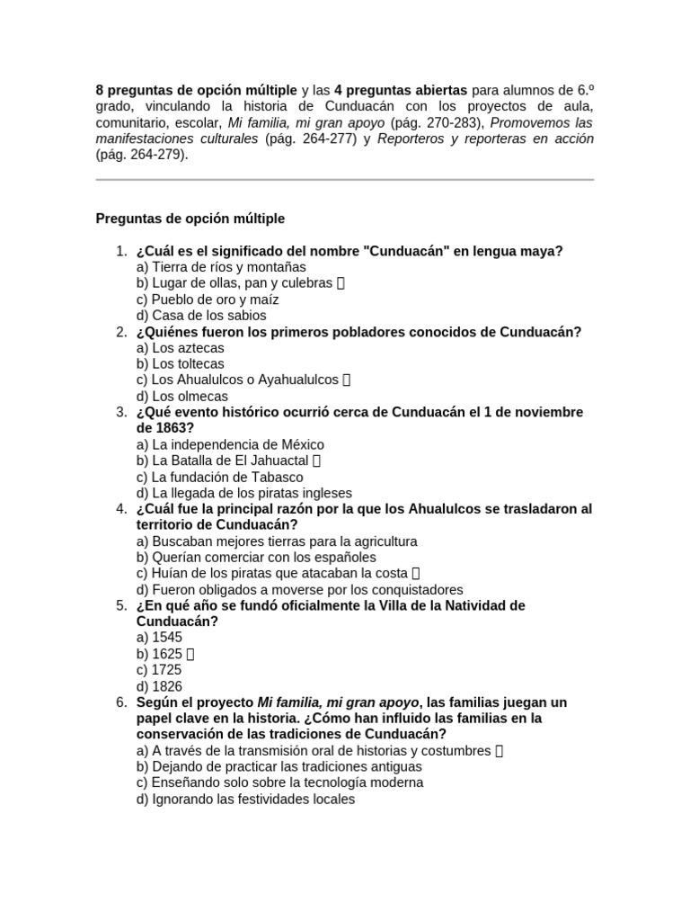 8 Preguntas de Opción Múltiple y Las 4 Preguntas Abiertas para Alumnos ...