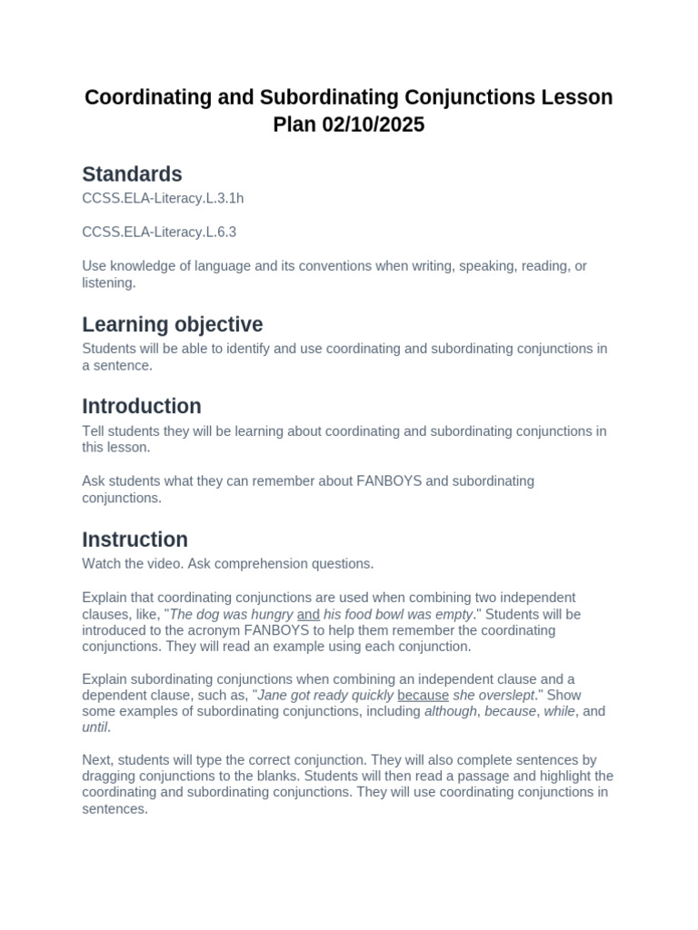 Coordinating_and_Subordinating_Conjunctions_Lesson_Plan (1) | PDF