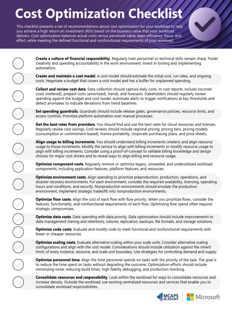 Cost Optimization Checklist | PDF | Program Optimization | Workload