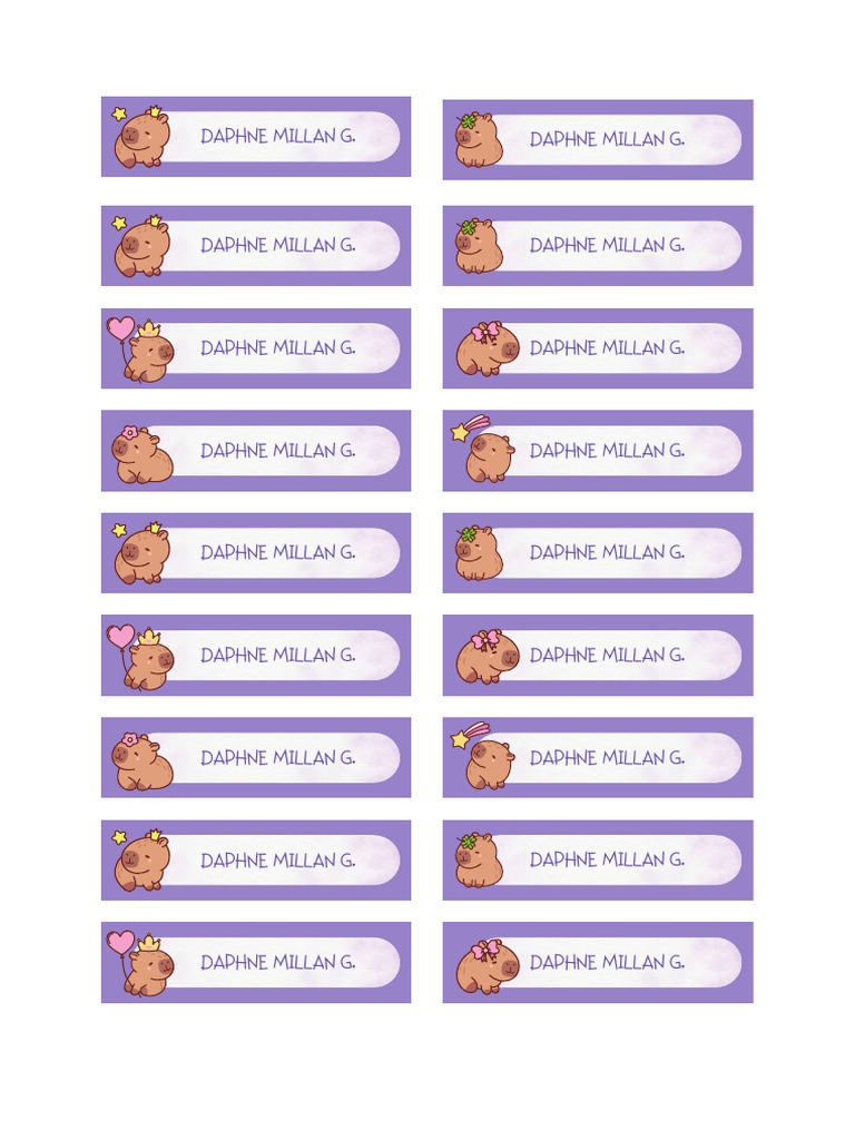 Documento A4 Etiquetas Escolares Capybara Ilustrado Violeta | PDF