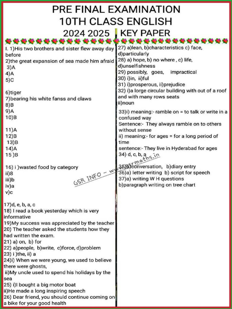 10th Class English Pre Final Key Paper | PDF