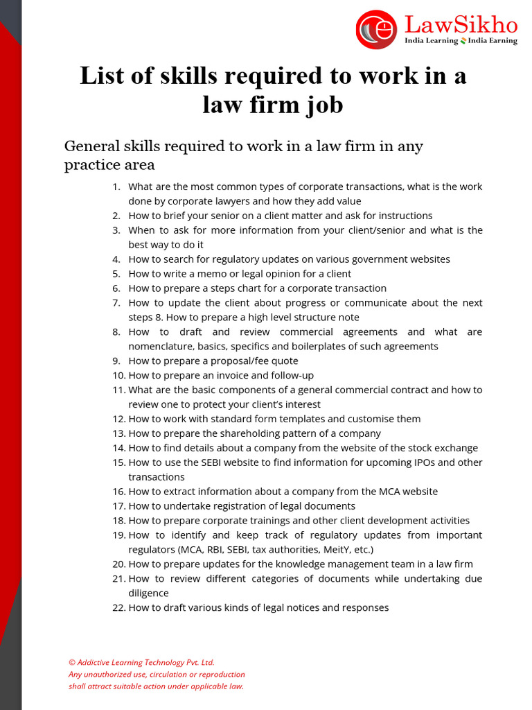 List of Skills Required To Work in A Law Firm Job | PDF | Mergers And ...
