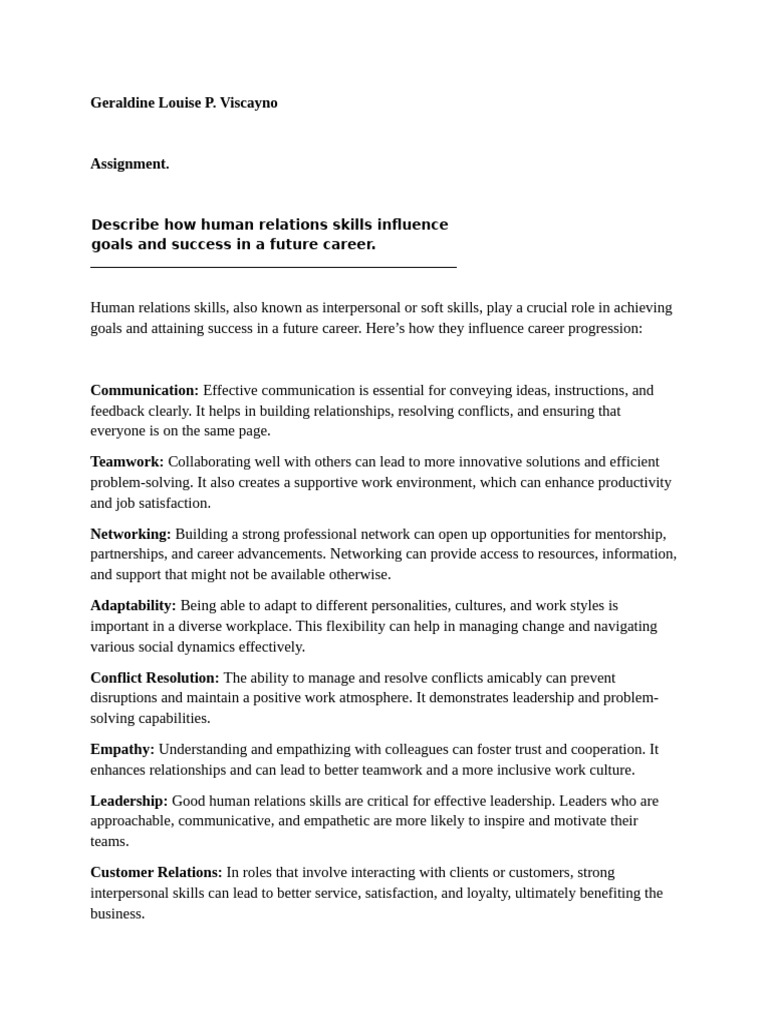 Human Relations Skills Influence Goals and Success in A Future Career ...