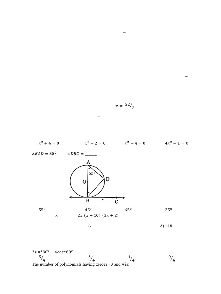 Pre bd std X(set 1)24-25 | PDF | Circle | Area