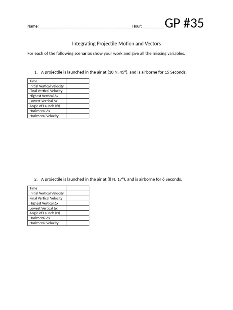 Guided Practice Assignment Over Projectile Motion Pdf