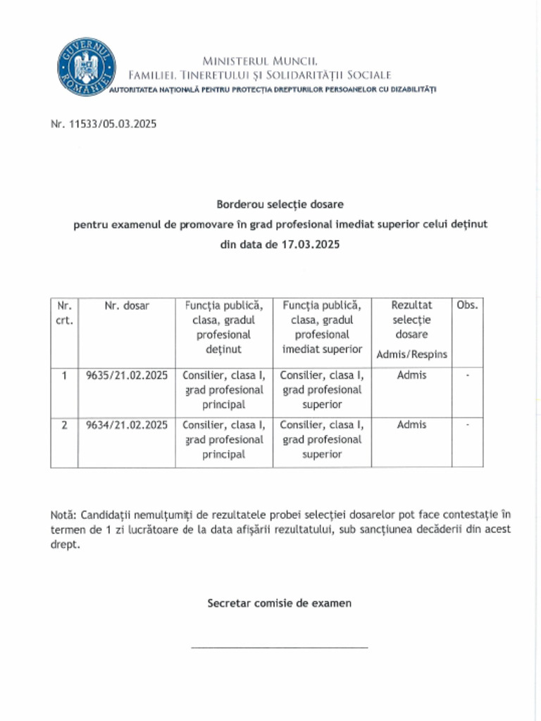 Borderou Selectie Dosare Examen Promovare Grad Profesional Superior 17. ...