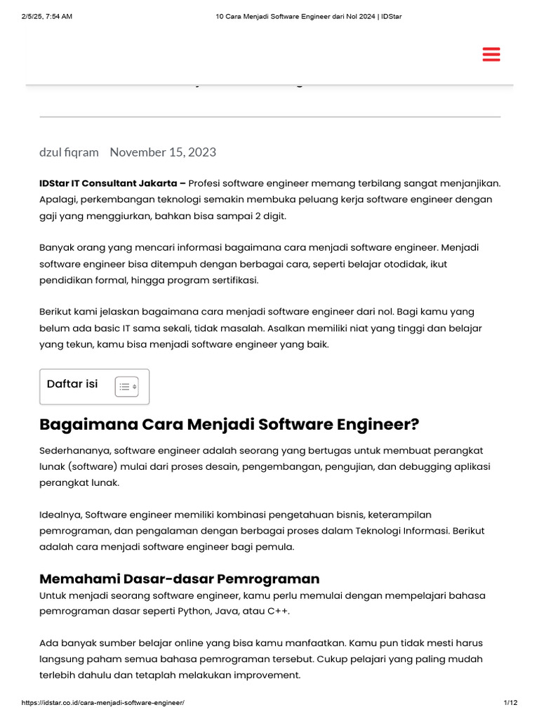 10 Cara Menjadi Software Engineer Dari Nol 2024 _ IDStar | PDF