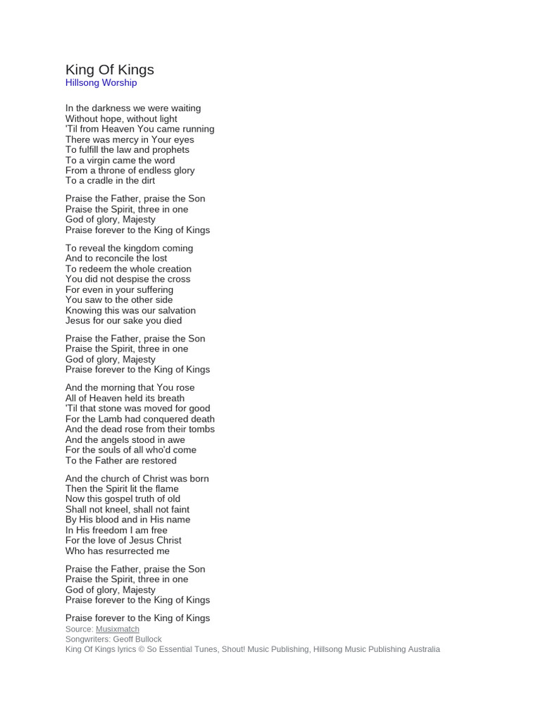 King of Kings Lyrics by Hillsong | PDF