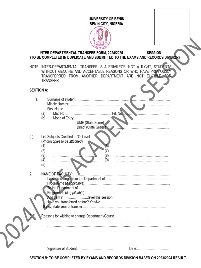 Inter Departmental Transfer Form 2024 2025 | PDF | Educational Stages