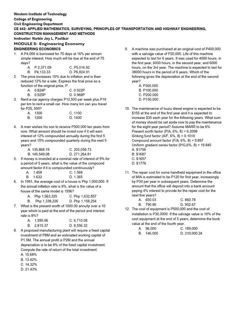 Engineering Economy Module CE 443 | PDF | Fixed Capital | Depreciation