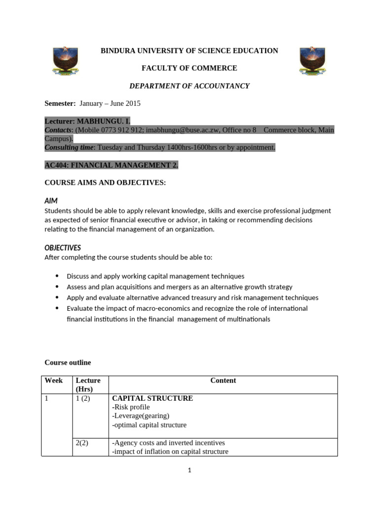 Financial Management Course Outline | PDF | Mergers And Acquisitions ...