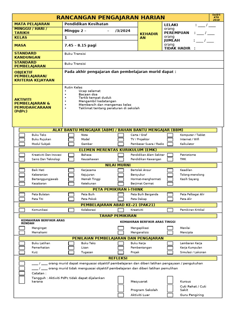 RPH Pend. Kesihatan Tahun 1 - Minggu 2 Transisi 1 Dan 2 | PDF