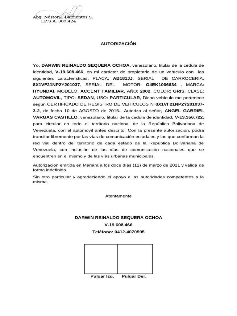 Autorización Circulacion Gabriel Vargas | PDF