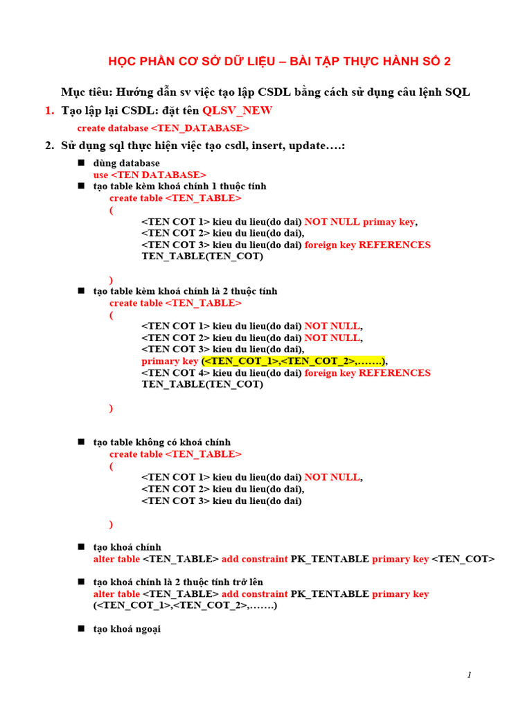 T - TH.02 - QLSV - tạo lập csdl - dùng SQL | PDF