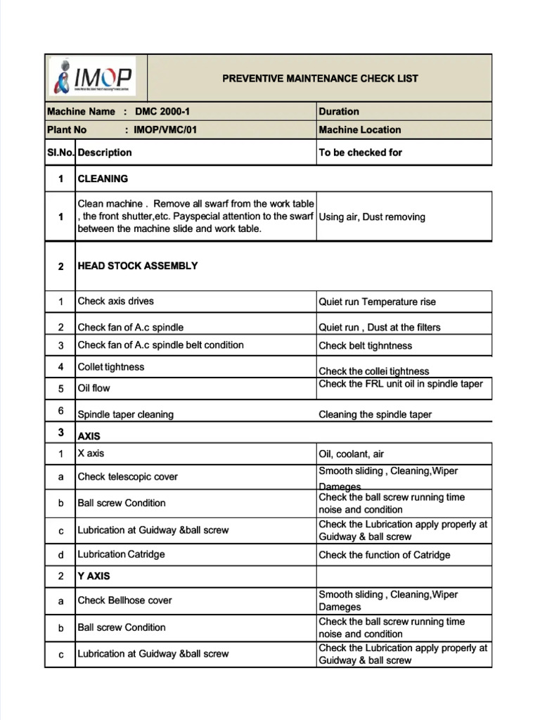 VMC Machine Preventive Maintenance Checklist | PDF | Voltage | Switch