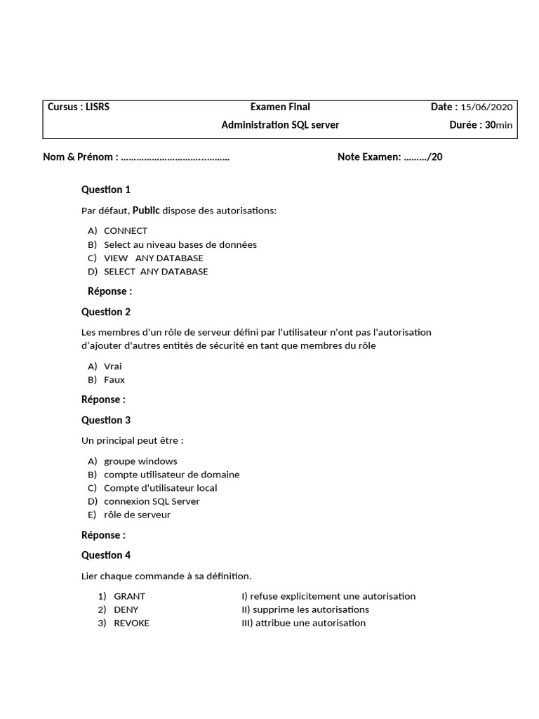Examen Admin SQLSERVER | PDF | Microsoft SQL Server | Bases de données