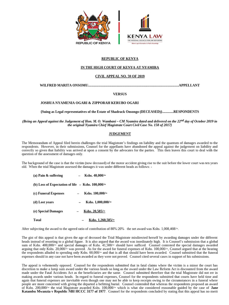 Wilfred Marita Onsomu V Joshua Nyamenia Ogari Zipporah Kerubo Ogari (Suing As Legal ...