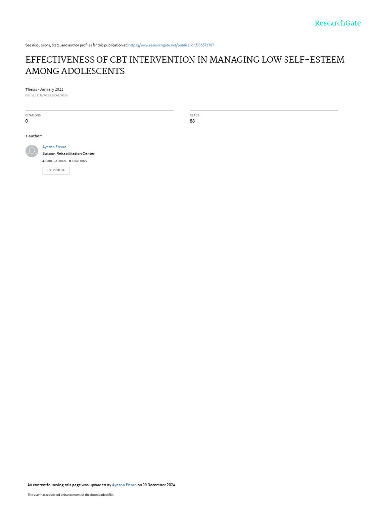 Effectiveness of CBT Intervention in Managing Low Self-Esteem Among Adolescents | PDF | Self ...