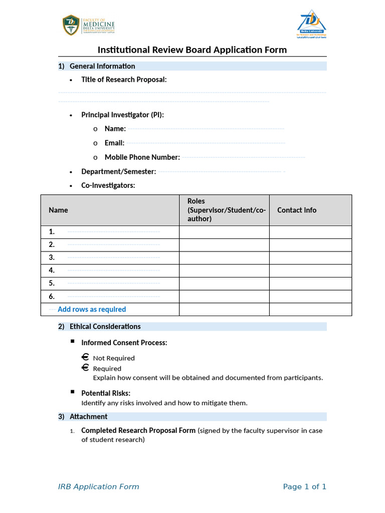 Institutional Review Board Application Form | PDF