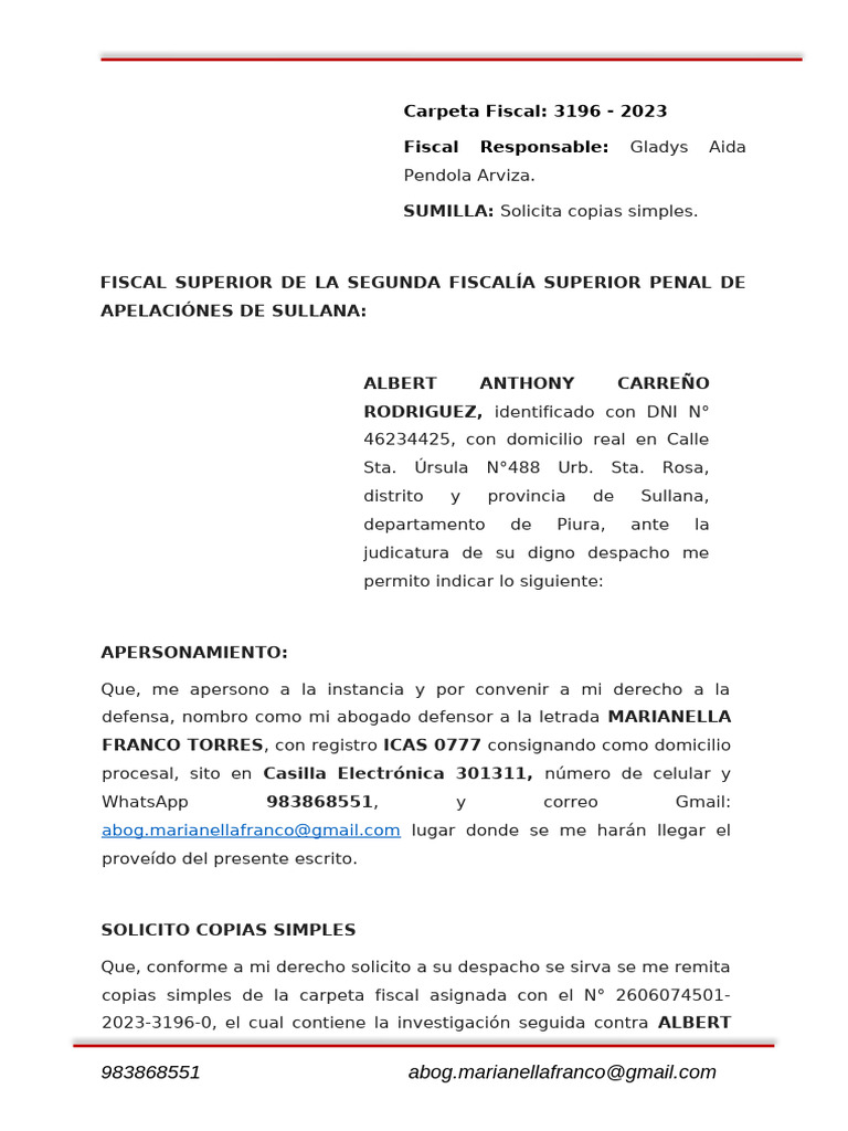 Apersonamiento de Anthony Carreño a Fiscalía | PDF