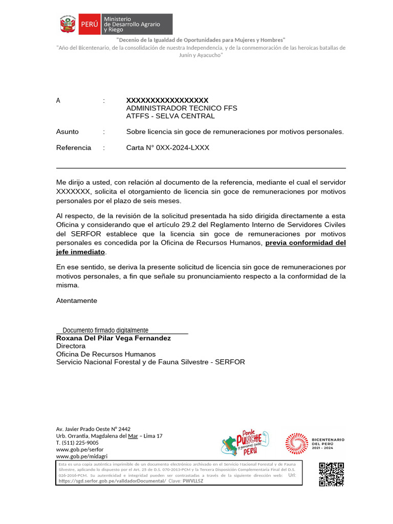 Solicitud de Licencia de Roxana Vega | PDF