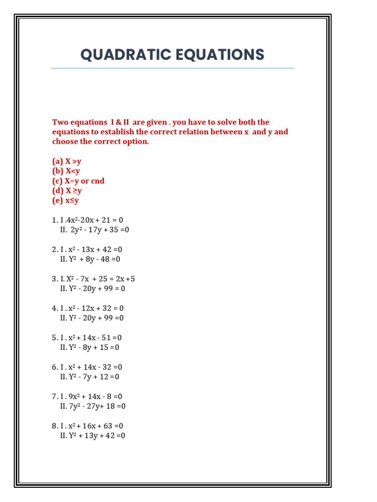 QUADRATIC EQUATIONS Workshee | PDF | Equations | Mathematical Objects