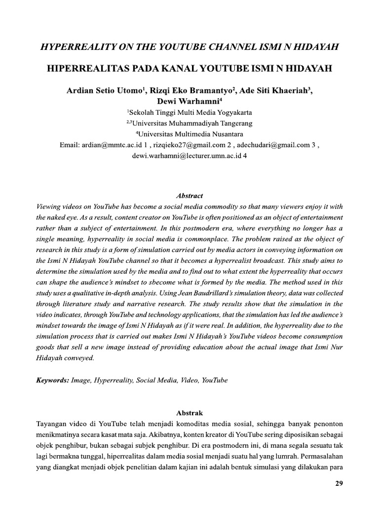 Hyperreality on the Youtube Channel Ismi N Hidayah | PDF