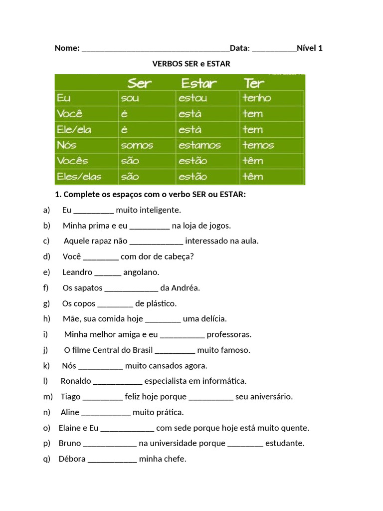 Exercícios Com Verbo Ser e Estar | PDF