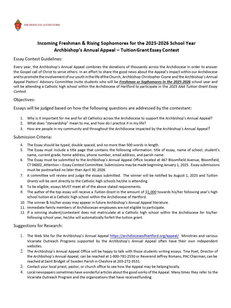 AAA Essay Contest 9th 10th Graders 2 2025 | PDF | Archbishop | Diocese