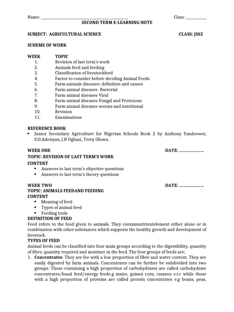 2ND Term JSS2 Agricultural Science | PDF | Nutrients | Influenza