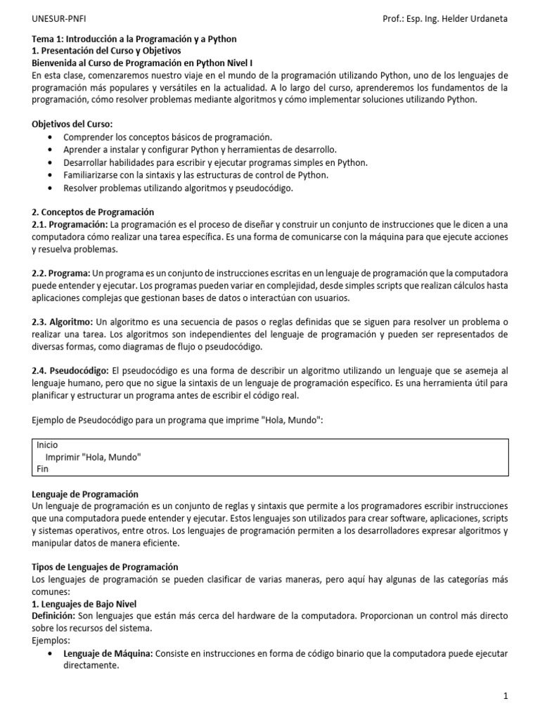 Guia 1 - Python Nivel I | PDF | Programación de computadoras | Lenguaje de programación