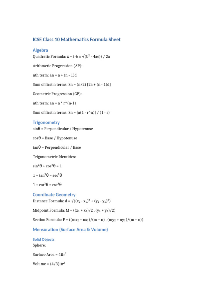 ICSE Class10 Maths Formulas Final | PDF