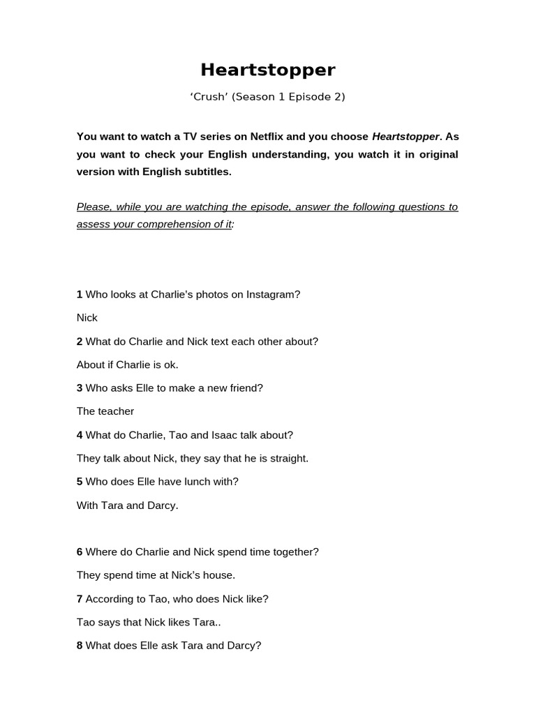Heartstopper Episode 2 Comprehension Guide | PDF