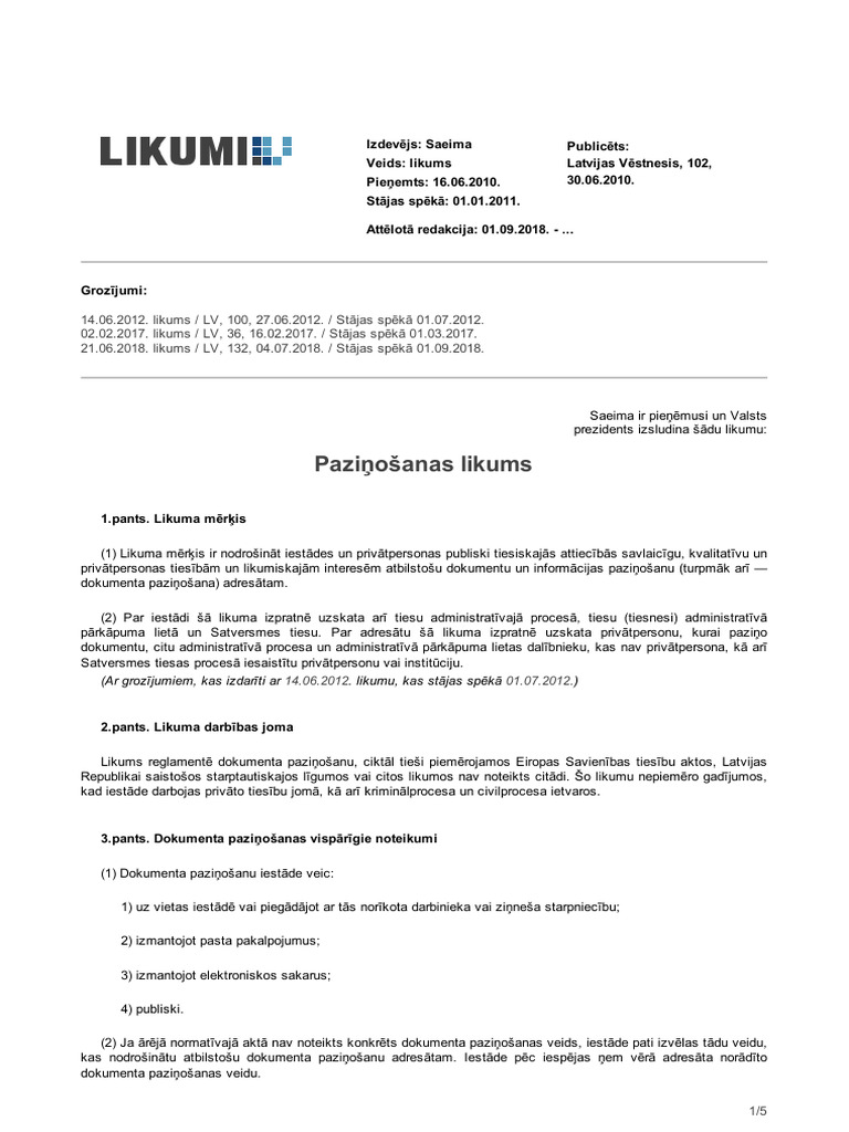 Paziņošanas Likums - 01.09.2018 | PDF