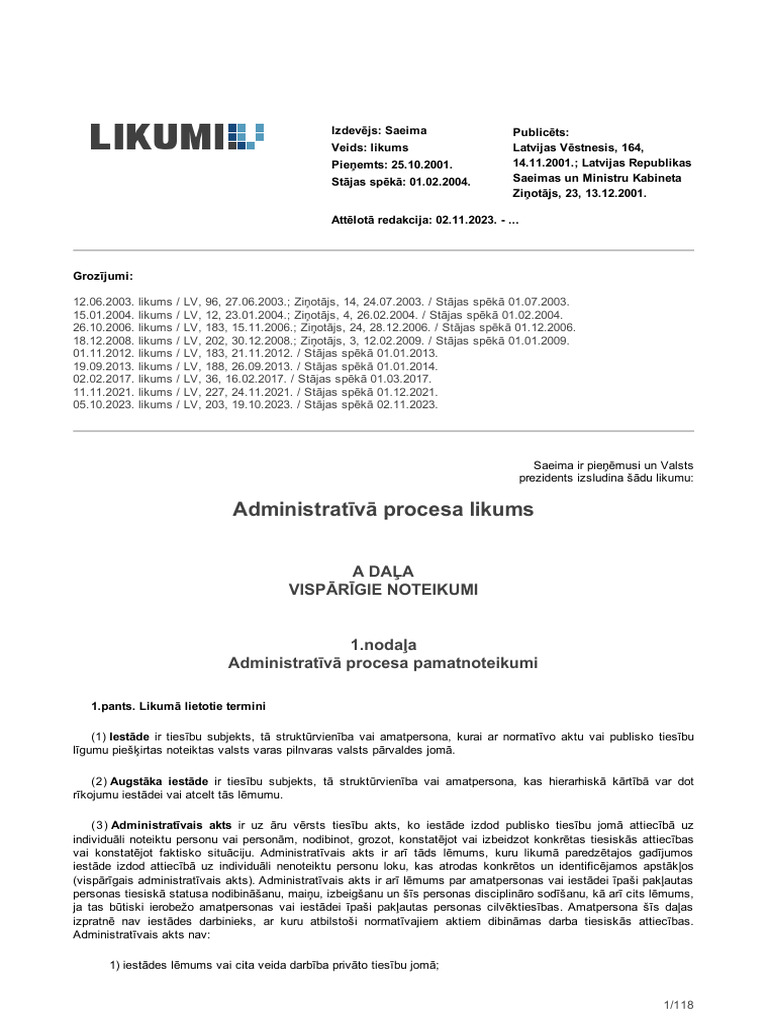 Administratīvā Procesa Likums - 02.11.2023 | PDF