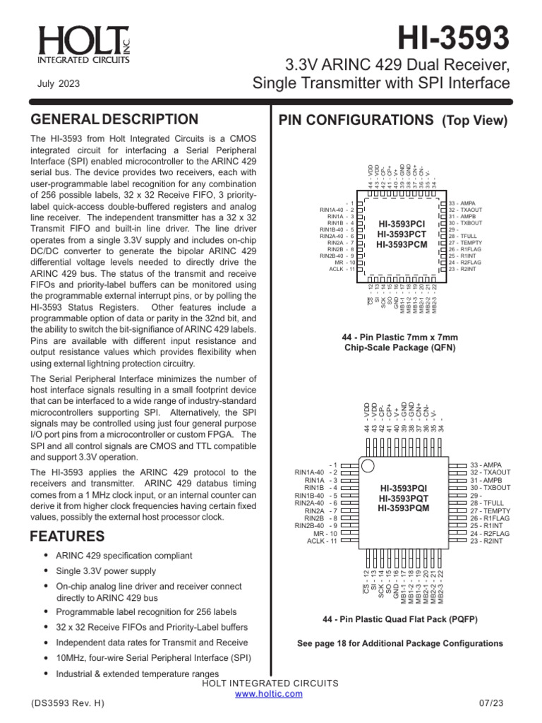 3.3V ARINC 429 Dual Receiver, Single Transmitter With SPI Interface | PDF | Computer ...