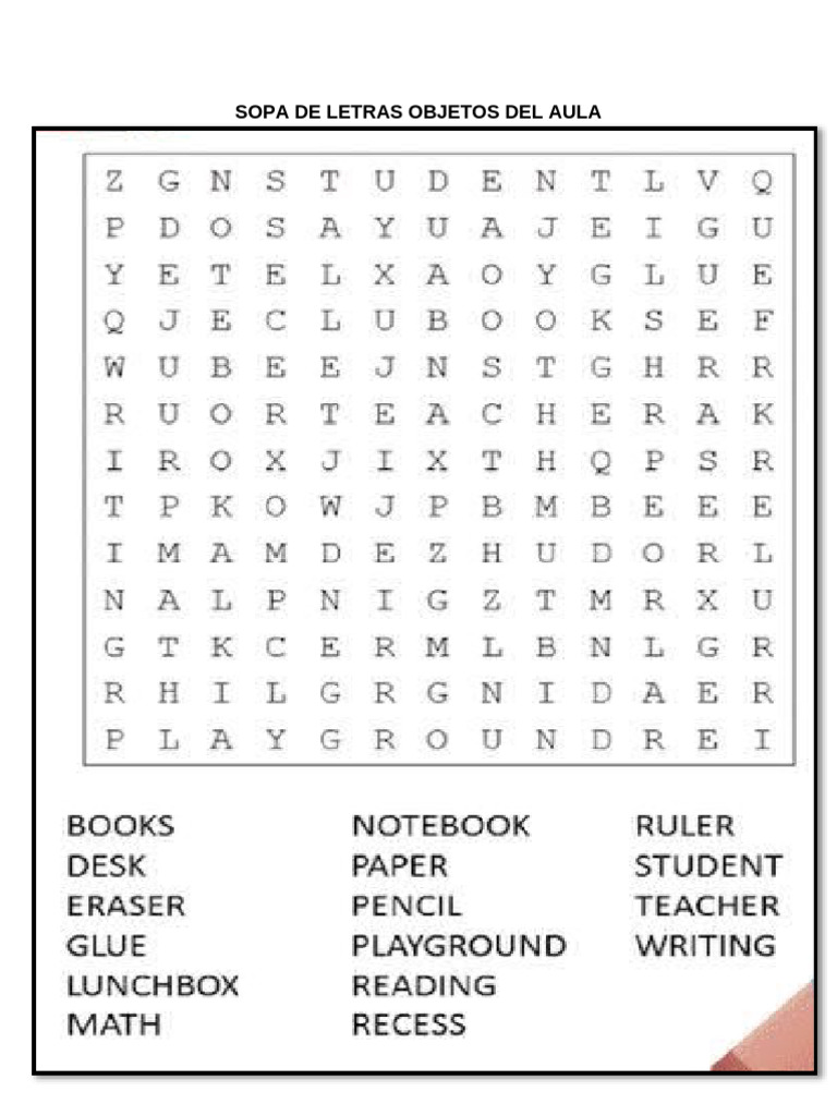 Sopa de Letras Objetos Del Aula | PDF
