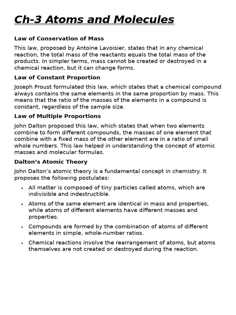 Ch-3 Atoms and Molecules | PDF | Ion | Chemical Compounds