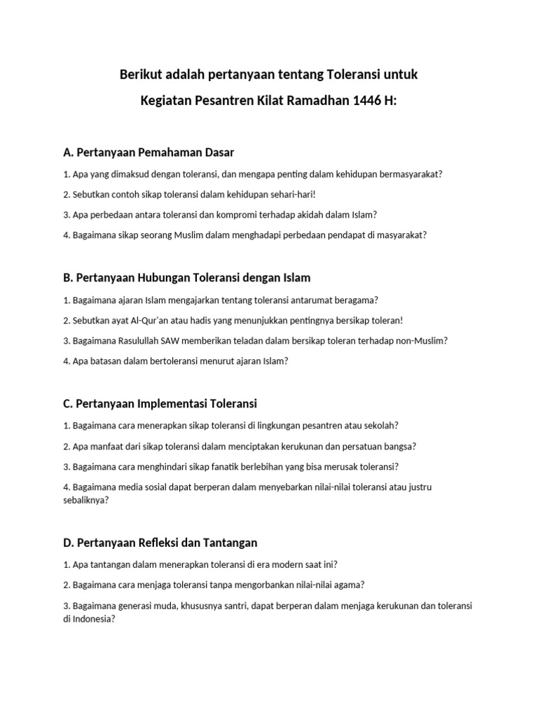 Evaluasi Tentang Toleransi Untuk Kegiatan Pesantren Kilat Ramadhan 1446 H | PDF