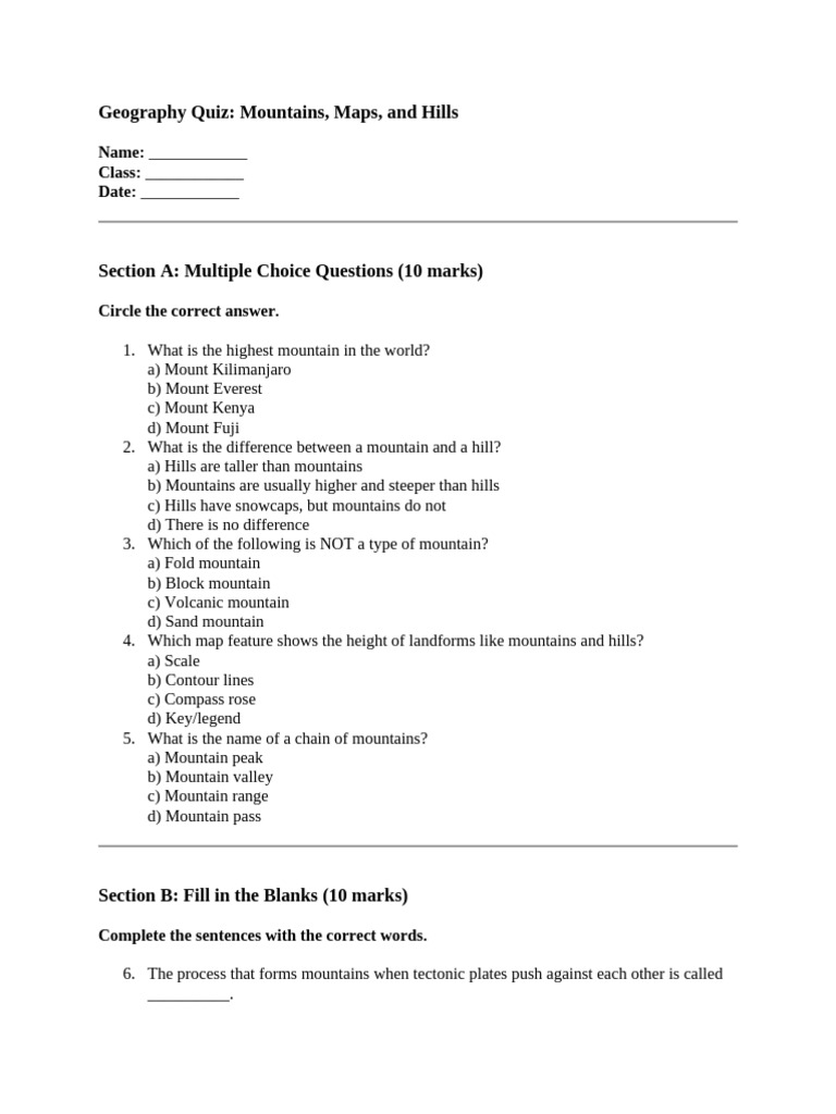 Mountains and Hills: Key Differences Quiz | PDF