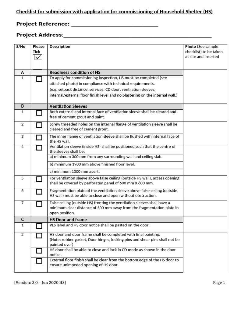 Household Shelter Commissioning Checklist | PDF | Door | Wall