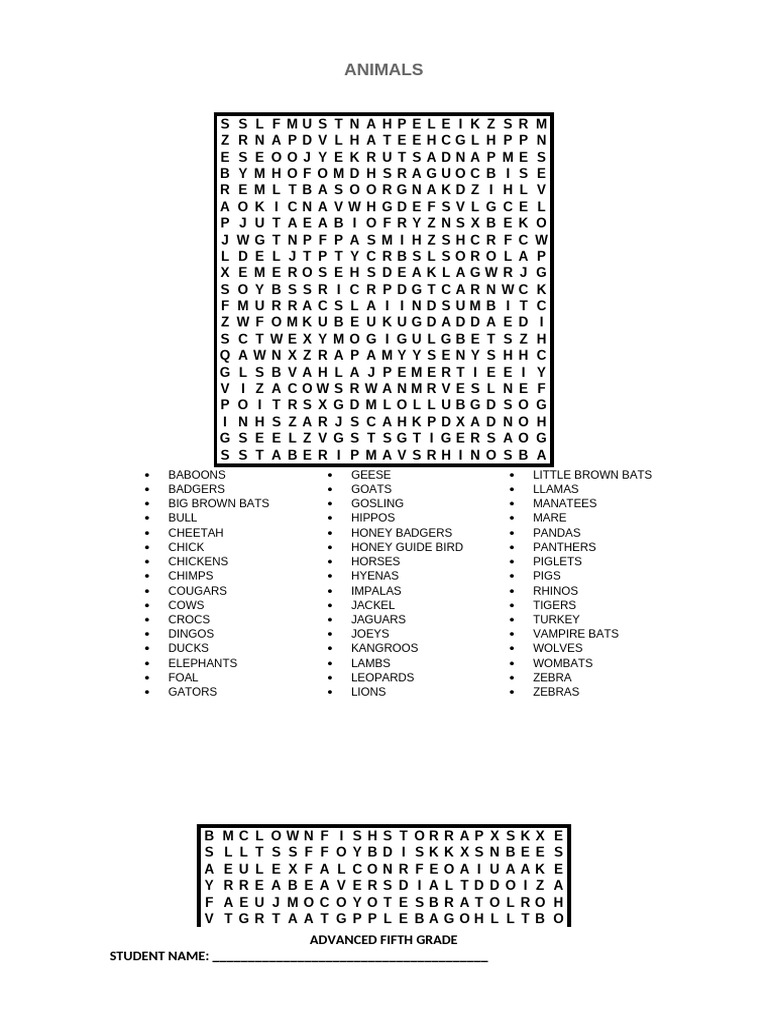 Animals Word Search | PDF | Zoology | Carnivorous Animals