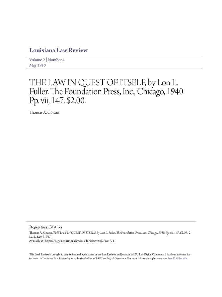 THE LAW IN QUEST OF ITSELF by Lon L. Fuller. The FoundationPres | PDF ...