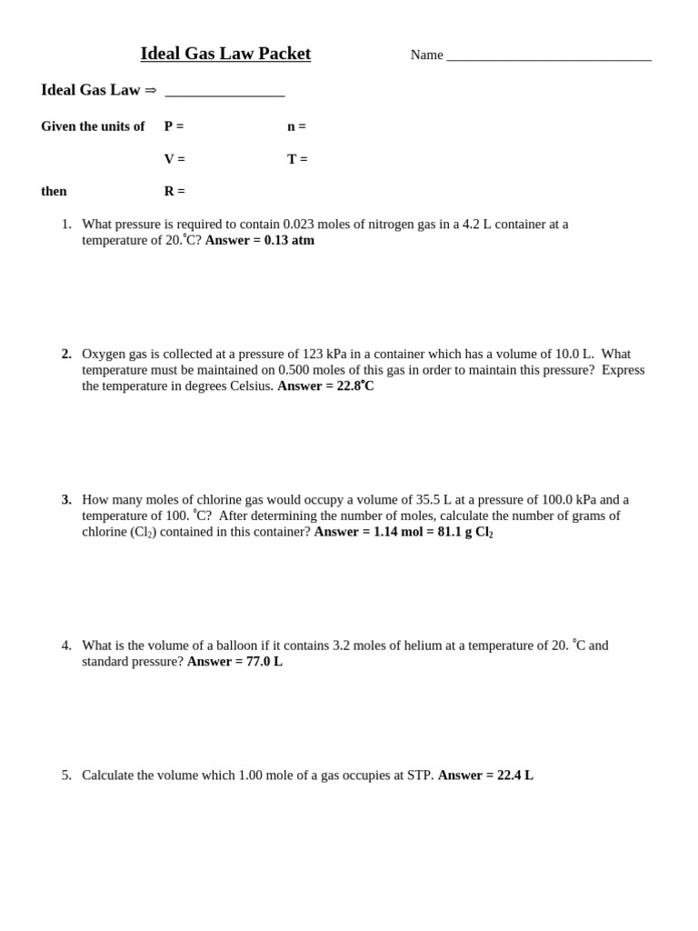 Anthony Romero - Ideal Gas Law Packet | PDF | Gases | Mole (Unit)