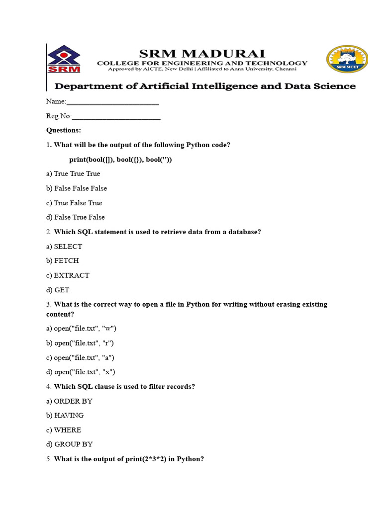 Python and SQL Quiz Questions | PDF