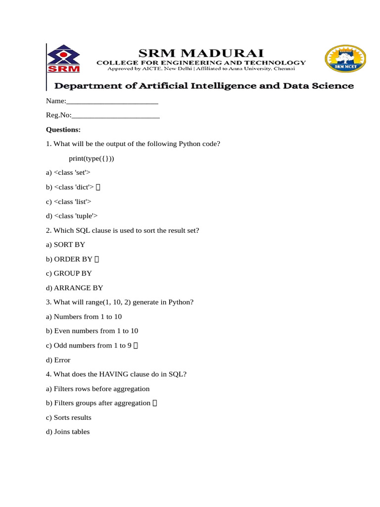 Python and SQL Quiz Questions | PDF