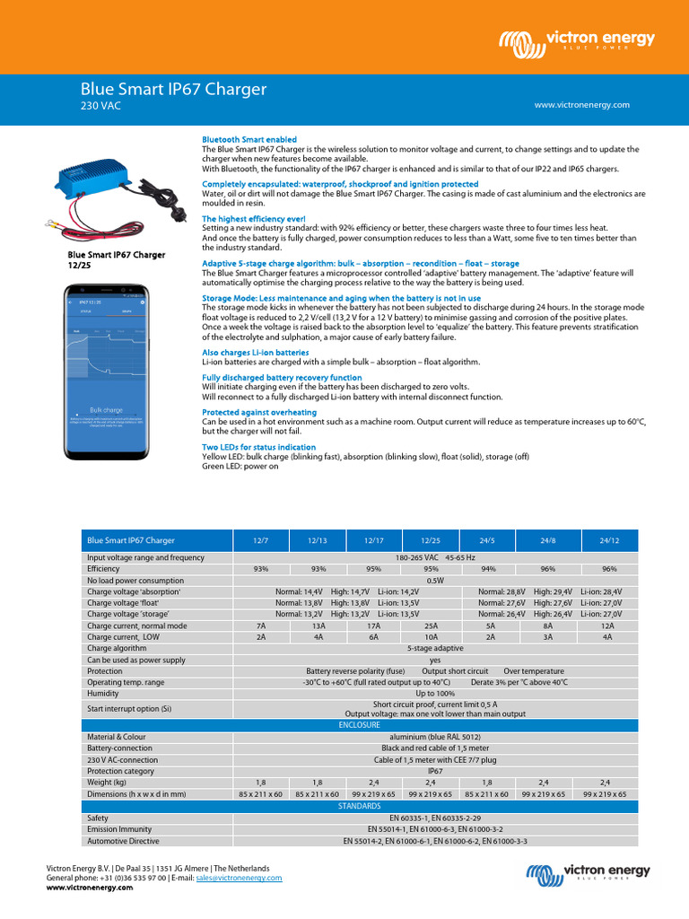 Datasheet Blue Smart IP67 Charger 230VAC en | PDF | Battery Charger ...