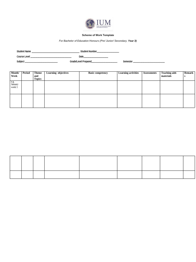 Scheme of Work Template for Educators | PDF